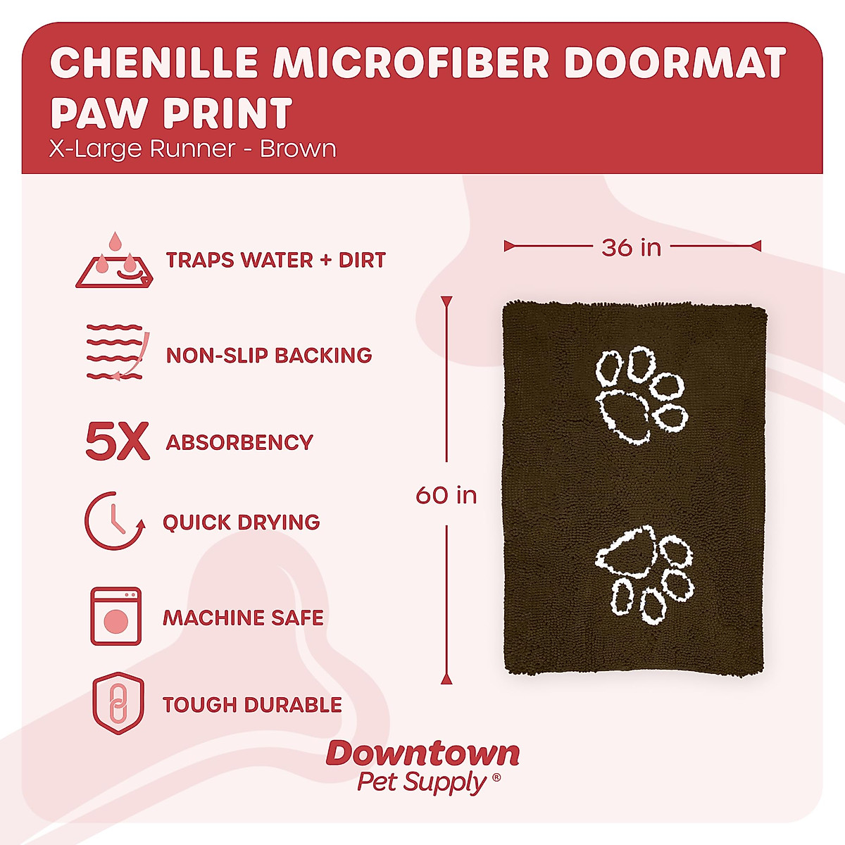 My Doggy Place Microfiber Dog Mat for Muddy Paws, 60" x 36" Brown with Paw Print - Non-Slip, Absorbent and Quick-Drying Dog Paw Cleaning Mat, Washer and Dryer Safe - X-Large/Runner