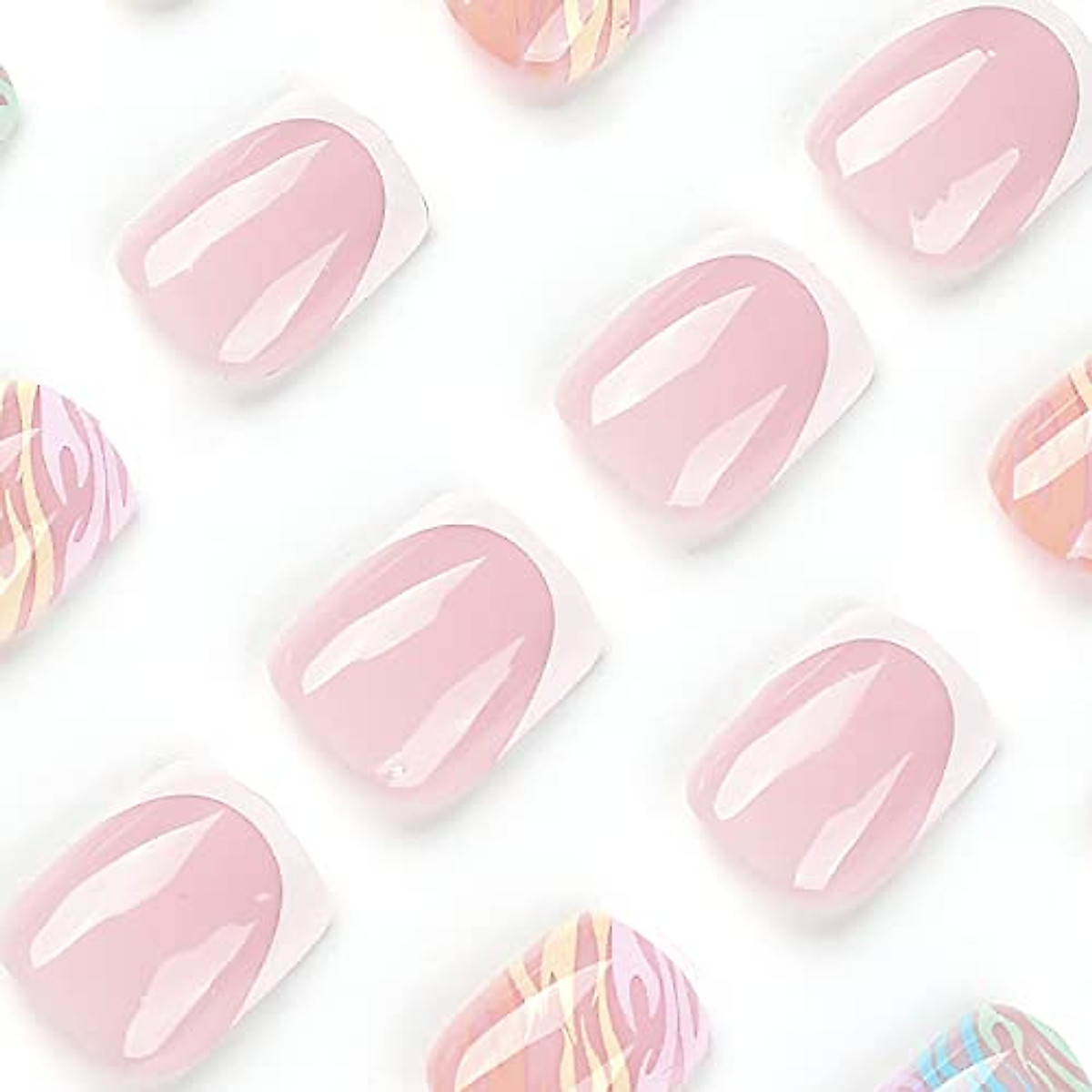 Square Press on Nails Short French Fake Nails Acrylic Glossy False Nails with Colored lines Designs Full Cover Glue on Nails Stick on Nails French Tip Reuseable Nails for Women