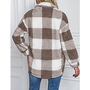 MEROKEETY Womens Plaid Long Sleeve Button Down Fleece Shacket Jackets Sherpa Teddy Coat with Pockets, Khaki, S