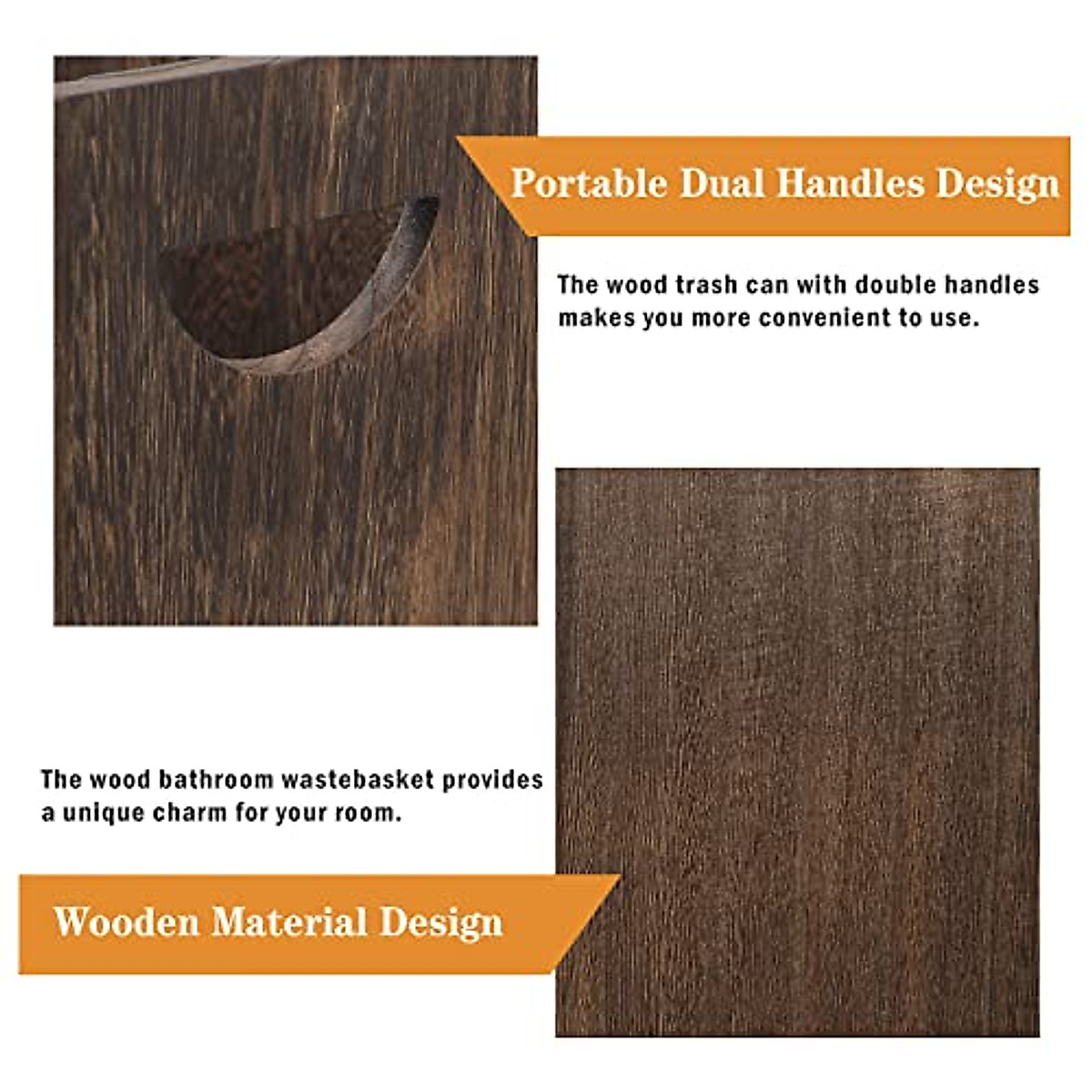 ETELI Wood Waste Baskets 2 Pecs Small Trash Cans Decorative Garbage Cans with Double Handles for Bedroom Bathroom Office Living Room, Brown
