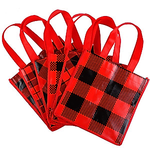 Aneco 12 Pieces Christmas Gift Bags Red and Black Plaid Reusable Non-woven Bags Christmas Treat Bags Tote Bag with Handles 9.8 x 7.9 x 9.8 Inch Party Favors