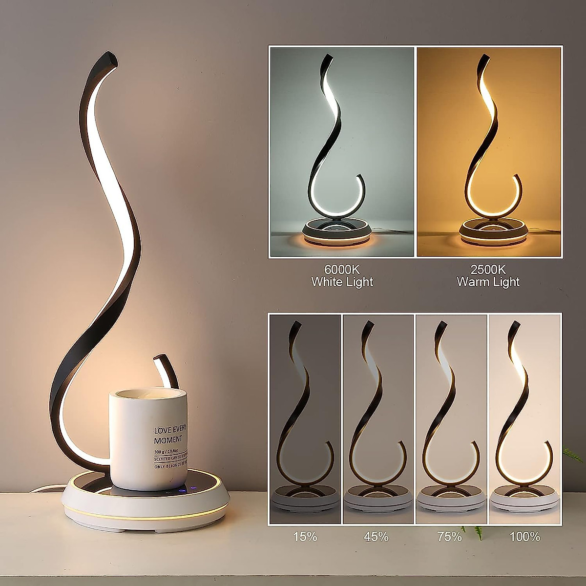 EIDEARAY Bedside Table LED Night Light with Wireless Charger and Bluetooth Speaker, Touch Control Stepless Dimmable Spiral Table Lamps for Bedroom,Great Birthday for Girlfriend, Women, Mom, Men