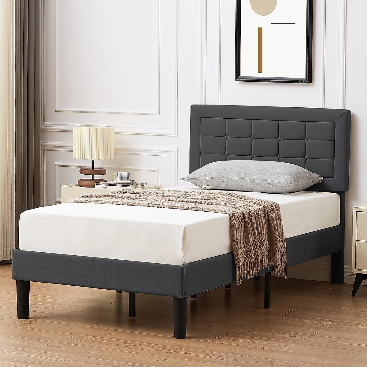 VECELO Twin Size Upholstered Bed Frame with Height Adjustable Fabric Headboard, Heavy-Duty Platform Bedframe/Mattress Foundation/Strong Wood Slat Support/No Box Spring Needed, Dark Gray