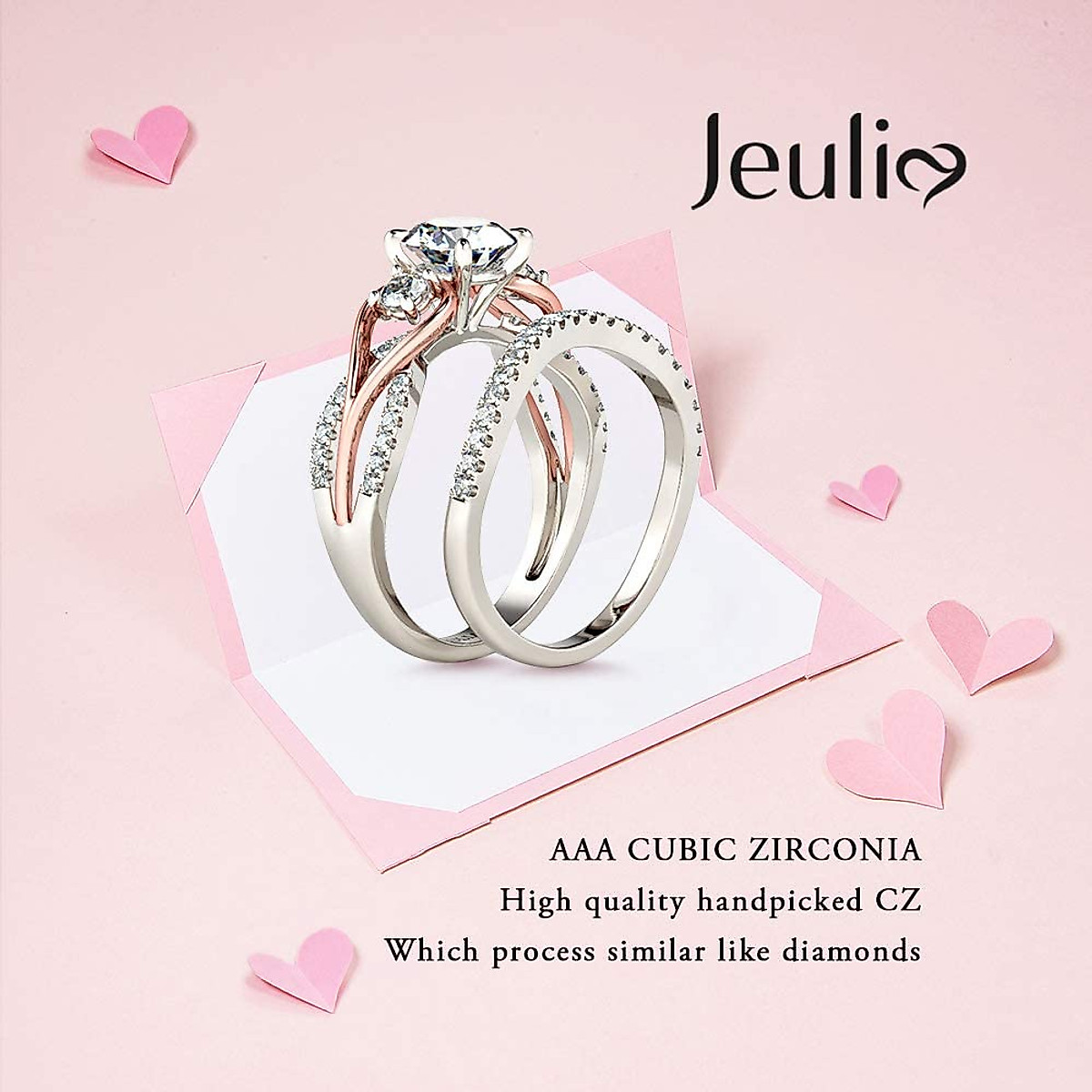 Jeulia Two Tone Rings for Women Rose Gold Three Stone Round Cut Engagement Rings Sterling Silver Halo Bridal Ring Set Anniversary Promise Wedding Ring with Jewelry Gift Box (7)