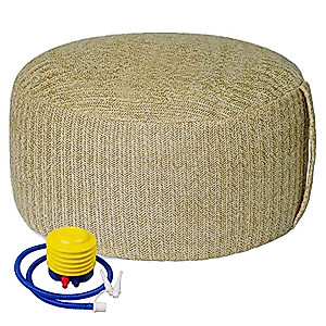 weruisi Woven Inflatable Ottoman with Air Pump D21”x H10” Outdoor Indoor Pouf Patio Footrest Stool with Portable Handle, Round Ottoman for Patio Garden, Camping, Bedroom, Living Room…