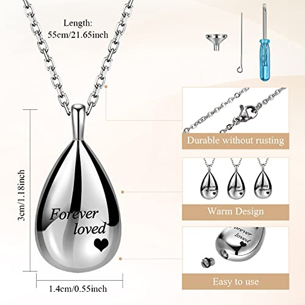 Kigeli 3 Pieces Urn Necklaces for Ashes Memorial Cremation Ashes Urn Pendant Necklace Cremation Jewelry for Ashes Urn Necklace for Ashes for Women Men