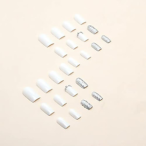 Square White Press on Nails Medium Fake Nails with Silvery Glitter Designs Glossy Full Cover Acrylic False Nails with Rhinestones Designs Reusable Glue on Nails for Women 24PCS