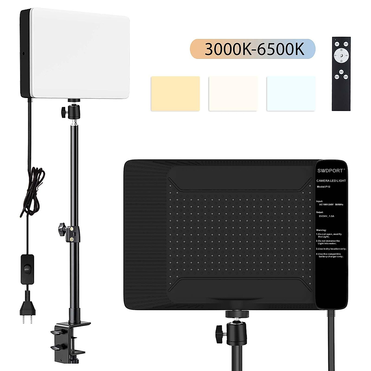 LED Desk Bi-Color Video Light Key Light Studio Streaming Lights Panel Light with Desk Clamp C-Clamp Stand 3800K-6500K Dimmable Wireless Remote Studio Photography Lighting for Gaming Zoom Video