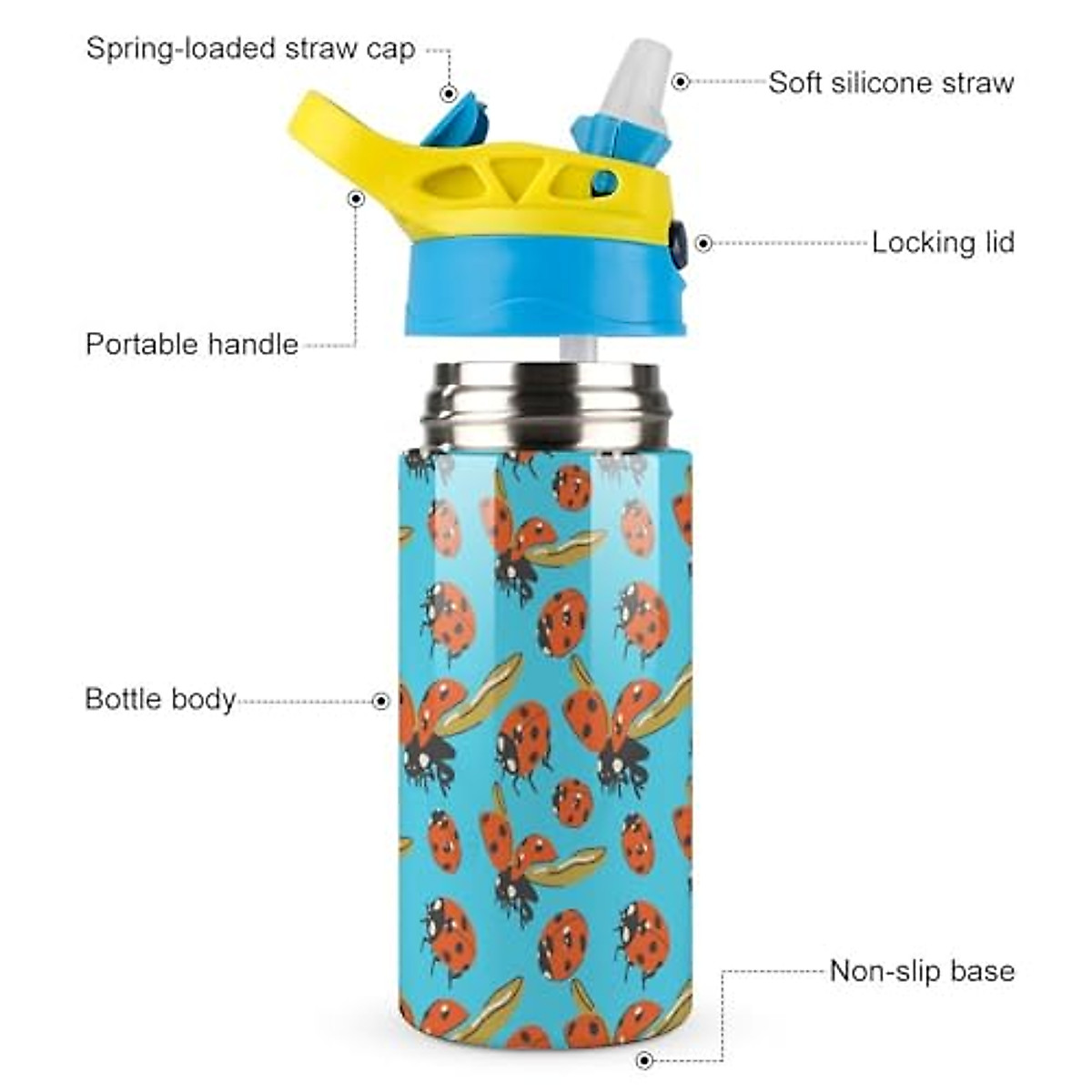 Kids Water Bottle with Straw Lid Hand-drawn Cartoon Ladybugs Print 12 Oz/350 Ml Stainless Steel Reusable Thermos Bottles