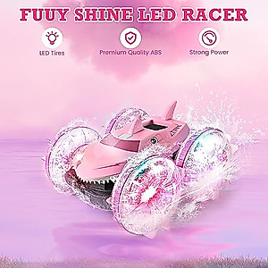 FUUY Amphibious RC Boat 360-degree Flips Waterproof Remote Control Car Monster Trucks LED Pink 4WD Roate Stunt Car Lake Pool Toys for Kids Ages 8-12