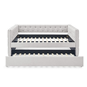 UOCFYK Full Size Upholstered Daybed with Trundle, Sofa Bed Frame w/Put Out Sofa Bed Design for Bedroom Living Room Guest Room, Easy to Assemble, No Box Spring Needed, Beige