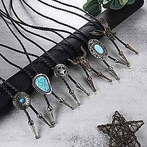 SAILIMUE 6Pcs Handmade Bolo Tie for Men Western Cowboy Leather Necktie Native American Necklaces Natural Tiger Eye Stone Turquoise Cow Skull Eagles Bolo Tie Costume Accessories for Men Women