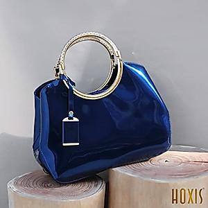 HOXIS Charm Glossy Metal Grip Structured Shoulder Handbag Top Handle Patent Leather Handbags for Women (Navy)