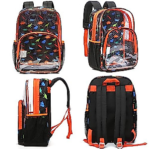 BLUEFAIRY Boys Clear Backpack Heavy Duty Stadium Approved Dinosaur Transparent Backpack Plastic See Through Bag for Kids for School Travel Gifts (Large Orange)