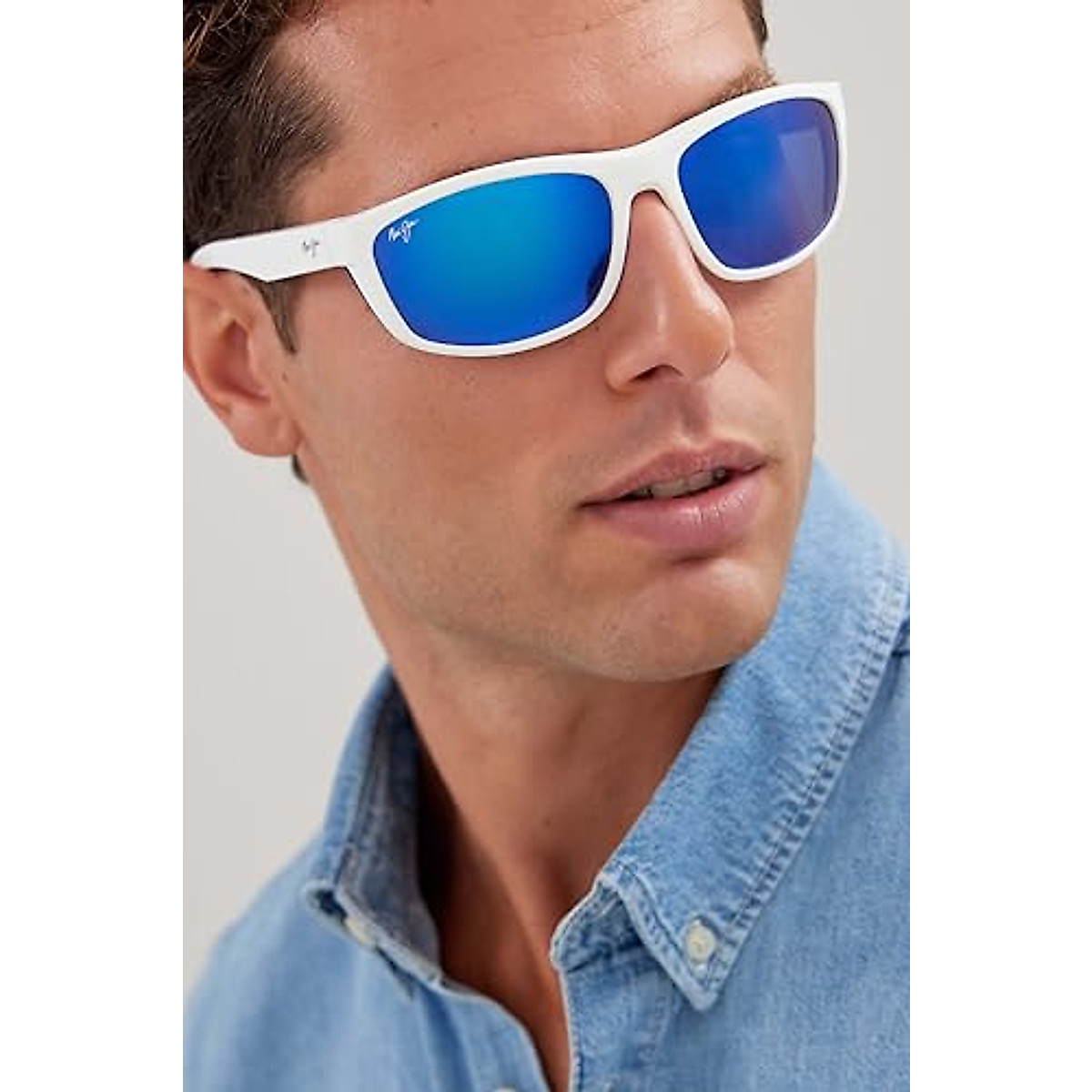 Maui Jim Men's and Women's Nuu Landing Polarized Wrap Sunglasses, White w/Navy Rubber/Blue Hawaii, Medium