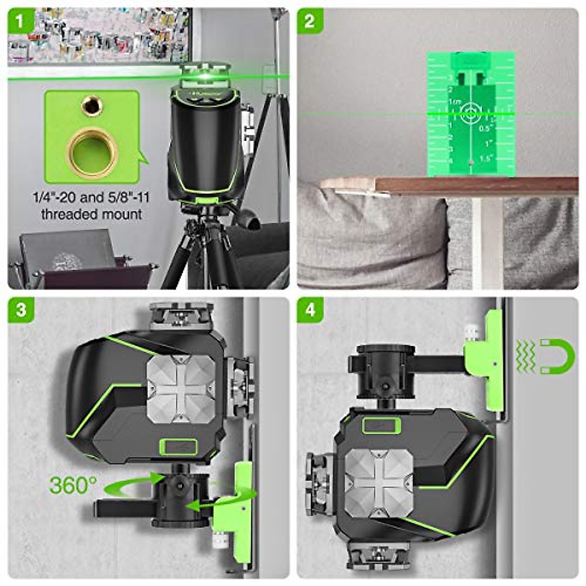 Huepar Laser Level 2x360 Self-Leveling Cross Line Laser with Bluetooth Connected, 360° Green Beam Leveling and Alignment Laser Tool with Metal Laser Window, Li-ion Battery&Magnetic Base Included-S02CG