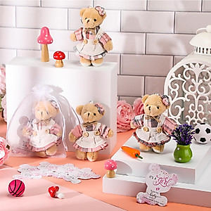 Poen 25 Sets Bear Baby Shower Favor for Guest 25 Stuffed Plush Mini Bears Plaid Tiny Stuffed Bear 25 Thank You Cards and Organza Bag for Gender Reveal Guest Gifts (Girl)