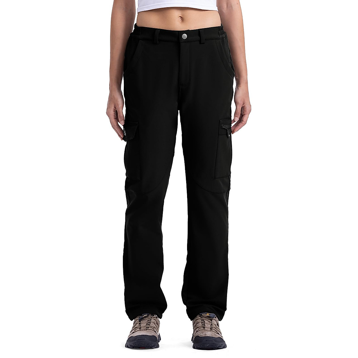 TBMPOY Women's Skiing Hiking Cargo Pants Outdoor Waterproof Windproof Softshell Fleece Snow Pants Black M