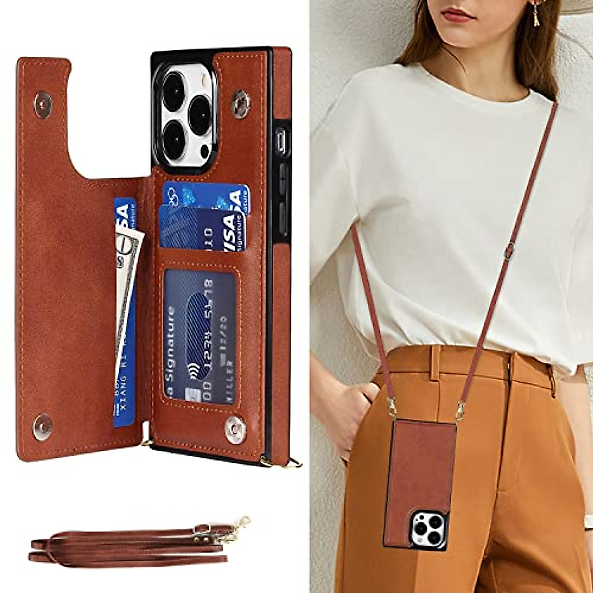 DEFBSC Compatible with iPhone 13 Pro Max Case, Crossbody Wallet Case, Adjustable Detachable Lanyard Neck Strap with Kickstand Leather Card Holder Protective Cover-Brown