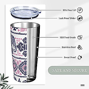 20oz Insulated Coffee Tumbler With Straw Stainless Steel Swig Tumblers,Travel Mugs Insulated For Hot And Cold,Reusable Thermal Water Bottle Cup For Car Camping Exercise（Mandala Bohemian Elephant ）