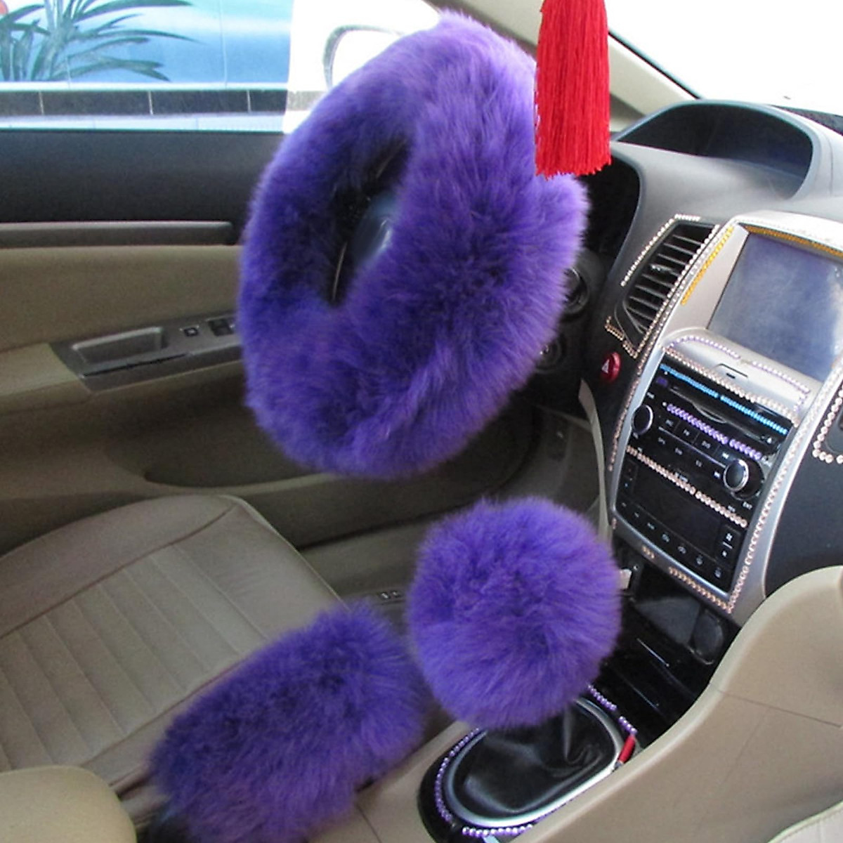 Ziciner 3PCS Wool Steering Wheel Cover with Fuzzy Handbrake Cover & Gear Shift Cover, Universal 15 Inch Steering Wheel Fluffy Soft Protector, Comforting Warm Car Decoration for Women Men (Purple)