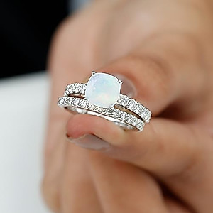 Certified Opal Wedding Ring Set, AAA Quality, Natural 8mm Cushion Cut Opal Engagement Ring with Moissanite Enhancer, 14K White Gold, Size:US 10.00
