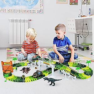 Dinosaur Tracks, 185 PCS Create A Dinosaur World Road Race for Kids Boys Toys Flexible Train Tracks Set and 2 Cool Dinosaurs Cars Dinosaur Toys for Age 3 4 5 6 7 8 Year & Up Old Boy Girls Best Gift