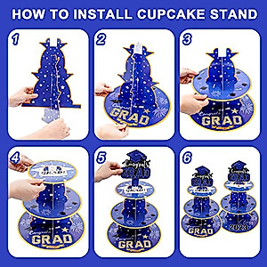 2 Set Graduation Cupcake Stand, 3 Tier Round Cardboard Cupcake Stand, Cupcake Holder Perfect for Grad Themed Party Décor, Graduation Party Supplies, Graduation Dessert Favors Supplies (Blue)