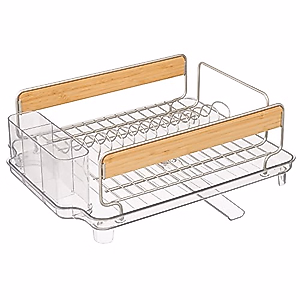 mDesign Large Kitchen Countertop, Sink Dish Drying Rack with Bamboo Wood Accents - Removable Cutlery Tray & Drainboard with Adjustable Swivel Spout - 3 Pieces, BPA Free Cutlery Caddy, Satin/Clear