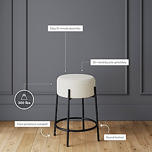 Nathan James Isaac 24" Modern Backless Bar Stool with Round Soft Padded Boucle Seat and Metal Mid-Century Base, Boucle White/Black