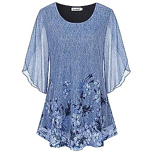 Ninedaily Business Casual Blouses for Women,Office Professional Outfits Tops Young Women Summer 3/4 Sleeve Tunic Layering Two Piece Sets Wear With Dressy Pants Work Clothing Fall Shirts Blue Size L