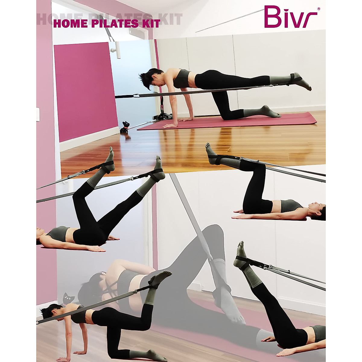 BIVR Portable Pilates Home Kit - Home Workout Equipment with Designed Pilates Loop Straps, Fabric Long Resistance Exercise Bands, Door Anchors and Aluminum Carabiners for Working Out as in Reformer