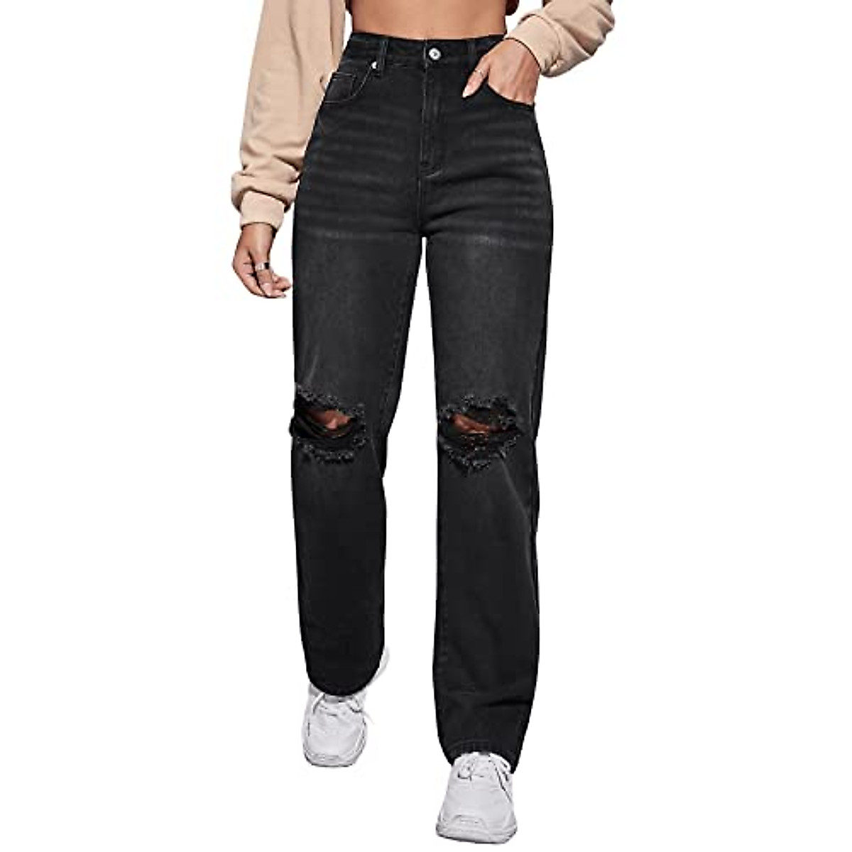 SweatyRocks Women's High Waist Ripped Jeans Distressed Raw Hem Denim Pants Solid Black S