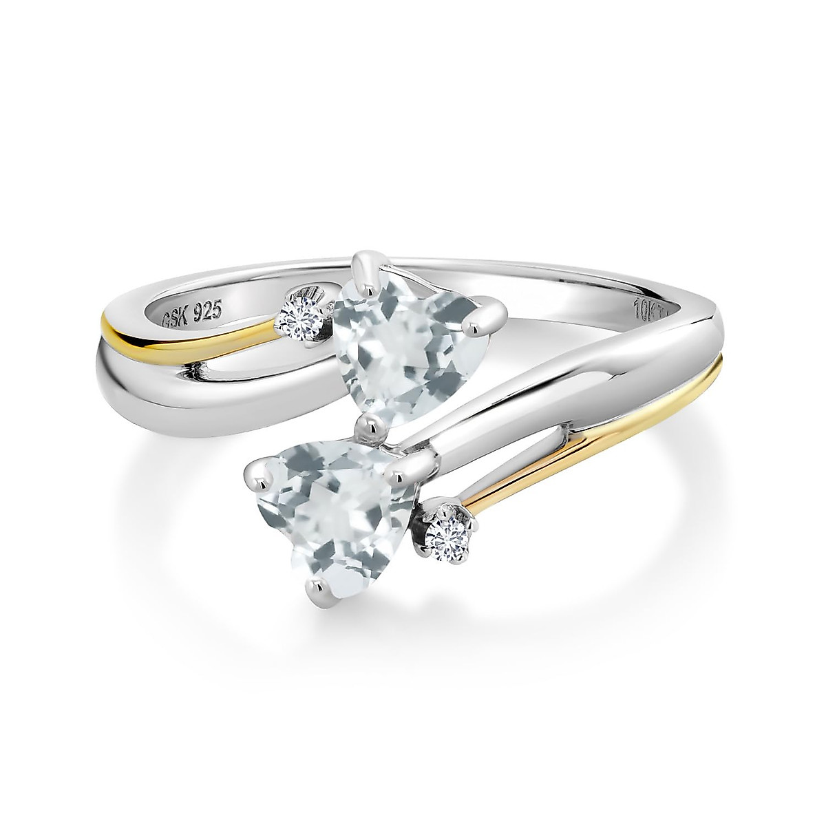 925 Silver and 10K Yellow Gold Sky Blue Aquamarine and White Lab Grown Diamond 2 Heart Promise Couple Engagement Mother Ring (0.85 Cttw, Gemstone Birthstone, Available In Size 5, 6, 7, 8, 9)