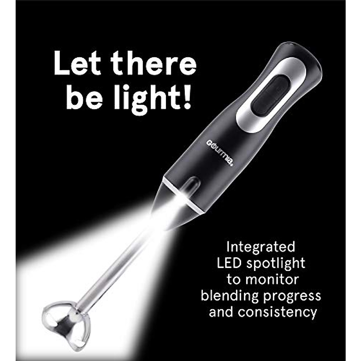 Gourmia GHB2360 12 Speed Illuminating Immersion Hand Blender with Turbo Mode - Comfortable Ergonomic Handle - Whisk Attachment Included - Integrated LED Spotlight - 300 Watt Motor - Black