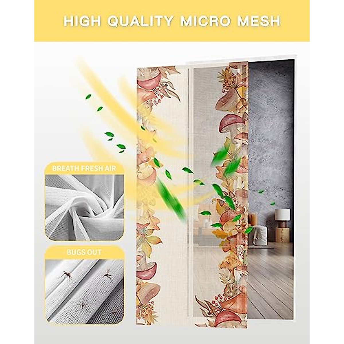 ZOE GARDEN Mushroom Magnetic Screen Door for Sliding/Single/French Doors, Self Sealing Magnets Patio Door Screen Heavy Duty Mesh Curtain, Wild Fall Maple Berry Corn Plant Burlap Autumn