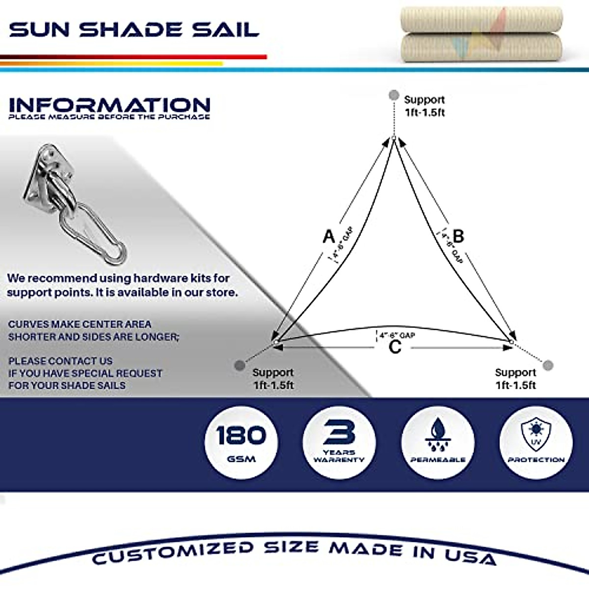 Windscreen4less Equilateral Triangle Sun Shade Sail Canopy 12' x 12' x 12' in Beige with Commercial Grade for Patio Lawn Garden Outdoor Facility and Activities - Customized