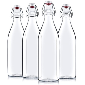 Bormioli Rocco Giara Swing Top Bottles 33 ¾ Ounce-4 Pack Round Clear Glass Grolsch Flip Top Bottle With Stopper, for Beverages, Smoothies, Kefir, Beer, Soda, Juicing, Kombucha, Water, Milk and Vinegar