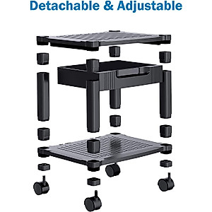 HUANUO Printer Stand - Under Desk Printer Stand with Cable Management & Storage Drawers, Height Adjustable Printer Desk with 4 Wheels & Lock Mechanism for Mini 3D Printer HNDPS