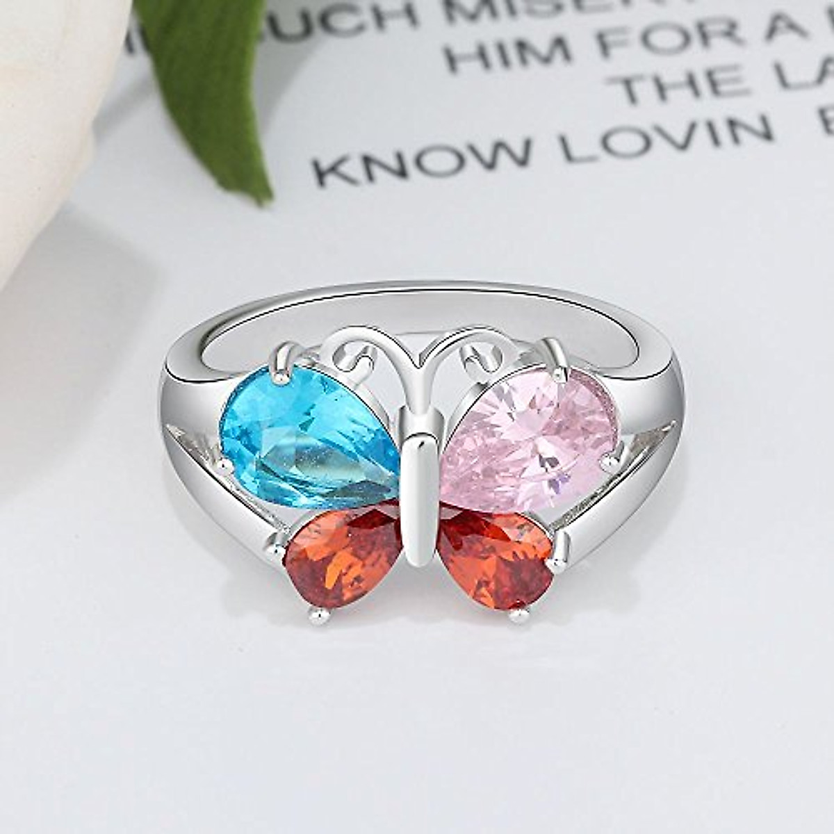 Ashleymade Personalized Engraved Name Rings for Mothers Day Rings with 4 Simulated Birthstones Promise Butterfly Ring for Women (Silver, 7)
