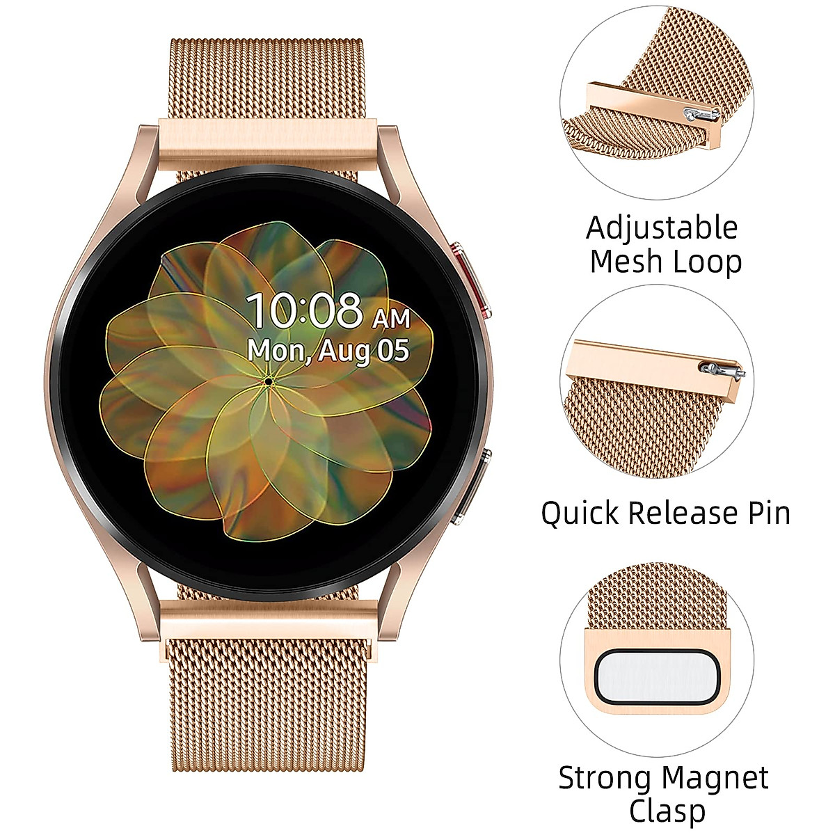 JKD Metal Band Compatible with Samsung Galaxy Watch 7 6 5 4 Bands 40mm 44mm, Galaxy Watch 6 Classic/4 Classic Band 42mm 46mm 43mm 47mm/Active 2, 20mm Stainless Steel Wristband Women Men, Rose Gold