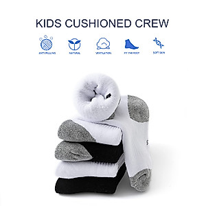 EPEIUS Kids Boys/Girls' Cushioned Crew Socks Toddler Baby Thick Cotton Athletic Socks Running Crew Sports Socks Solid White 6 Pack 4-6 Years