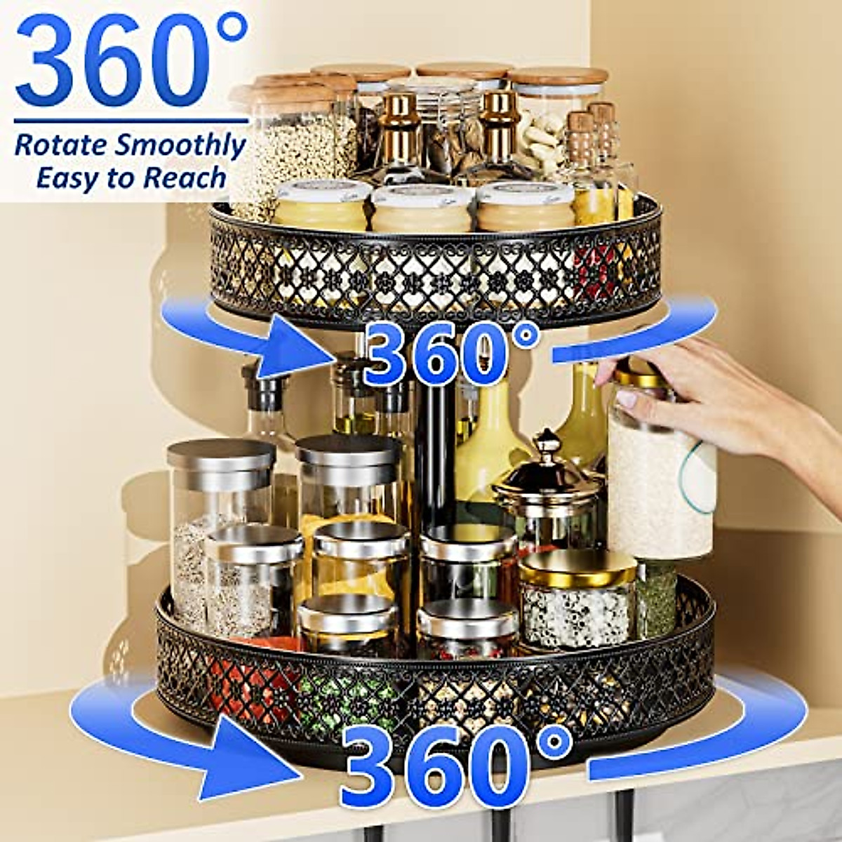 Lazy Susan Organizer 2 Tier - Turntable Spice Rack 12 inch Adjustable Metal Rotating Lazy Susan for Cabinet Pantry Kitchen Countertop Dining Table Cupboard Bathroom Vanity Storage Black
