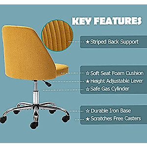 Home Office Desk Chair, Vanity Chair, Modern Adjustable Low Back Rolling Chair, Twill Upholstered Cute Office Chair, Desk Chairs with Wheels for Bedroom, Classroom, Vanity Room (Yellow)