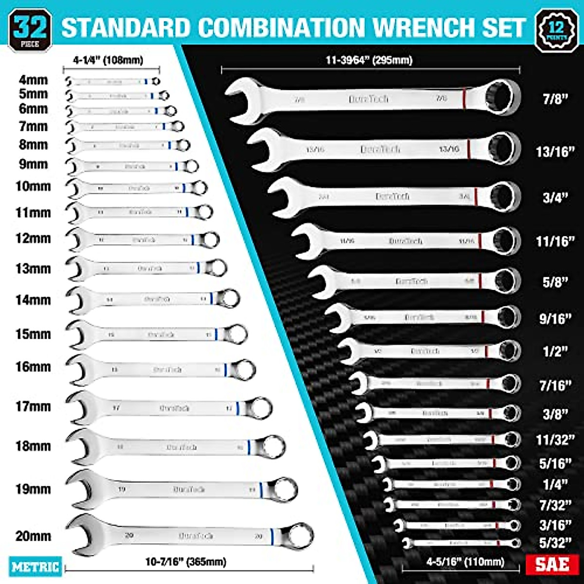 DURATECH 52-Piece Combination Wrench Set, 32PCS Combo Wrench Set & 20PCS Stubby Wrench Set, SAE & Metric, CR-V Steel, with Rolling Pouch