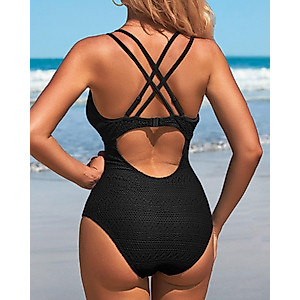 Charmo Women's Crochet One Piece Swimsuits Plunge V Neck Strappy Bathing Suit Hollow Out Monokini Swimwear Black L