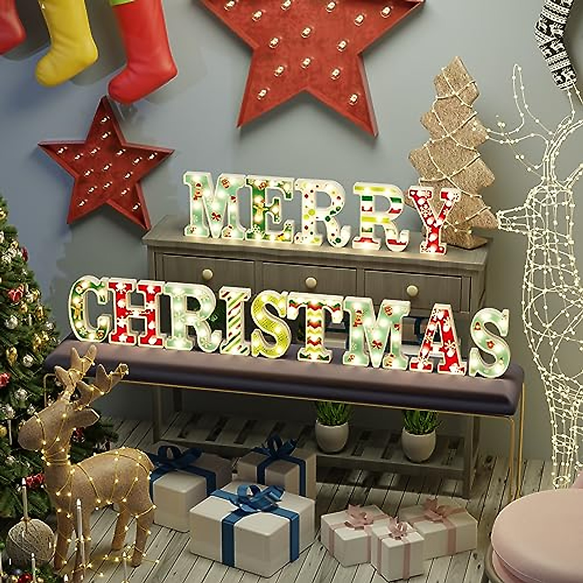 Christmas Decorations - 14 LED Letters Christmas Lights 'MERRY CHRISTMAS' for Christmas Decorations Indoor Home Decor, Surface UV Printing Snowflakes, Christmas Trees, Elk, etc, Warm White