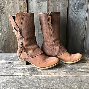 oiangi Women Western Cowboy Chunky Boots Vintage Casual Round Toe Side Zipper Block Mid Heel Mid-calf Boots Solid Comfy Motorcycle Boots Casual Shoes
