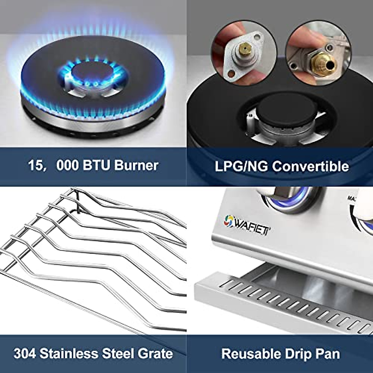 WAFIET Built-in Double Grilling Side Burners with Lid for Outdoor Kitchen BBQ Island, 304 Stainless Steel, 15,000BTU Liquid Propane/Natural Gas Grill with Drip Tray - LPG/NG Convertible