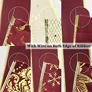 AIMUDI Burgundy Christmas Velvet Ribbon Wired 2.5" Burgundy and Gold Ribbon for Christmas Tree Decorations Dark Red Wired Ribbon for Wreaths, Gift Wrapping, Crafts, Topper Bow - 6 Rolls 36 Yards